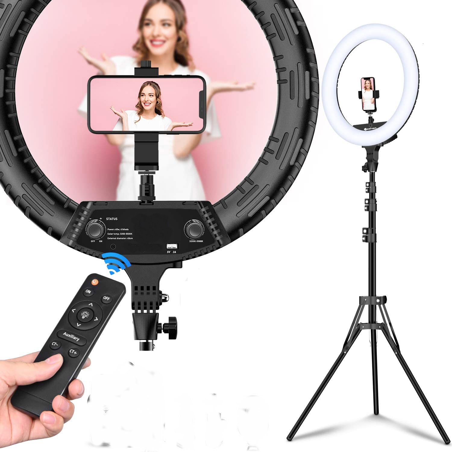 56CM Selfie LED Ring Light with 7 Feet Tripod Stand, Cell Phone Holder Dimmable 3 Light Modes ...