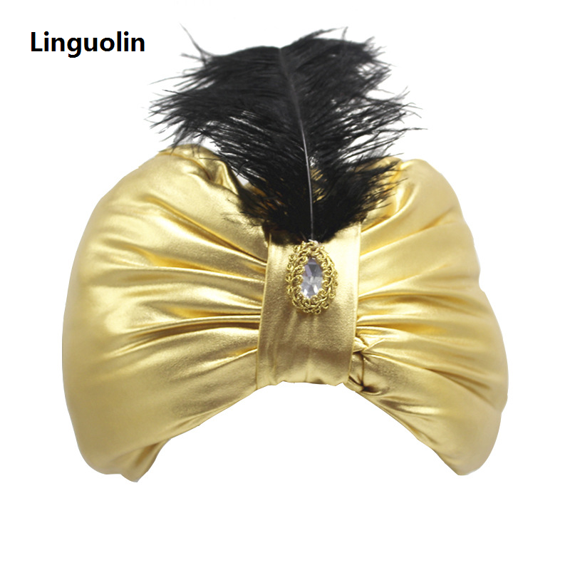 Linguolin Gold Aladdin Hat with Feather Halloween Arab Vintage Sultan ...