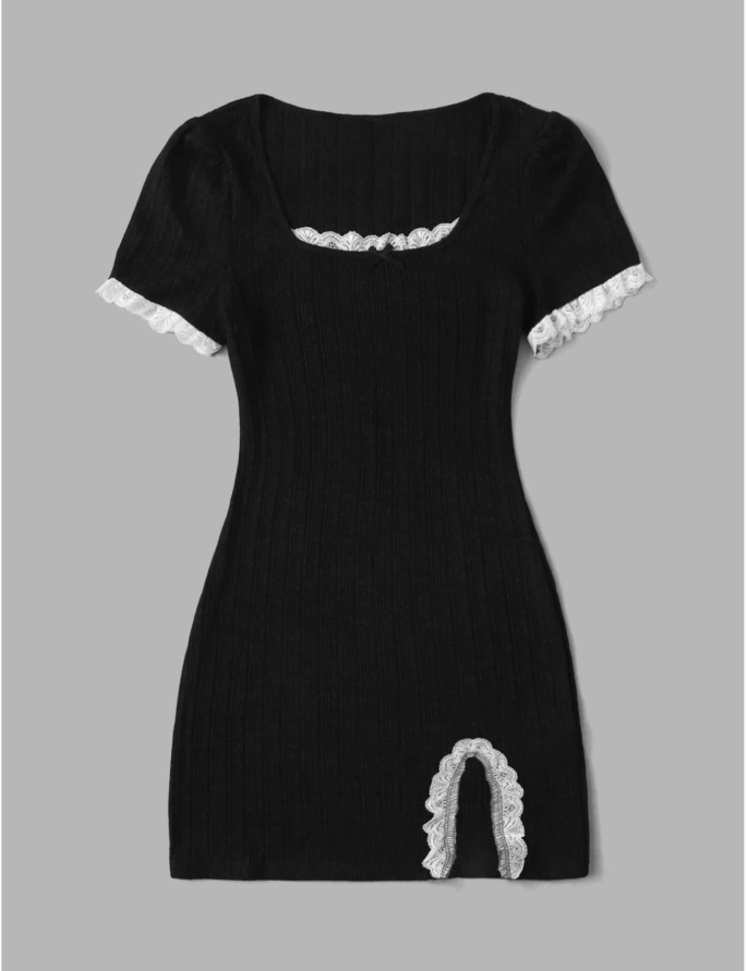 ROMWE Kawaii Contrast Lace Ribbed Split Bodycon Dress | Daraz.com.np