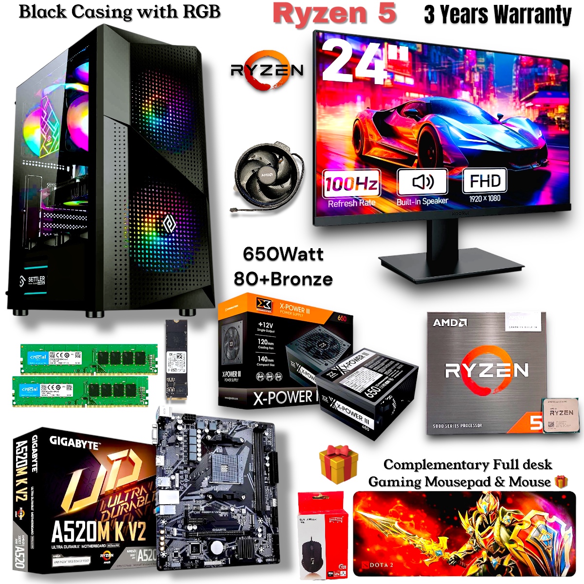 Gaming PC Full Setup Ryzen 5 5600GT/ 100hz 24" 1ms 100%Srgb Gaming ...