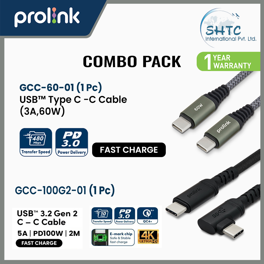 Prolink Combo Pack E-Mark Chip 100W USB C-C PD USB 3.2 Nylon Braided 2M ...