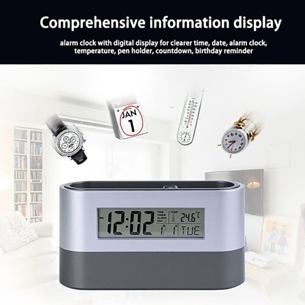 Led Desk Table Clock, Digital Screen Alarm Pen Holder Temperature ...