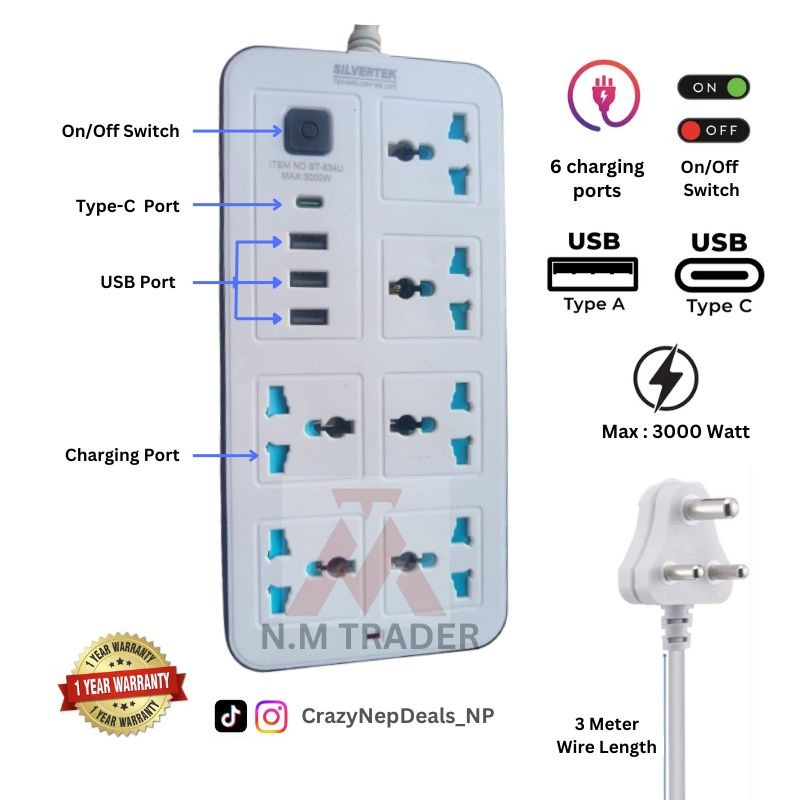 3000W Silvertek Multiplug with 1-C-Type, 3-USB & 6-charging port | 3 & 5 meter wire | Suitable ...