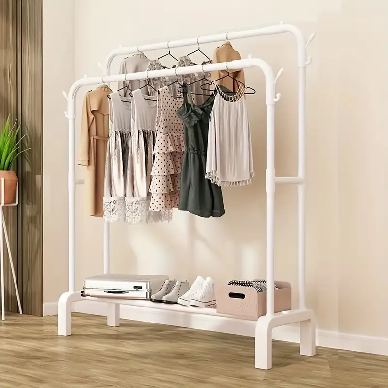 Clothes Hanging Garment Rack Freestanding Hanger Double Coat Rack White ...