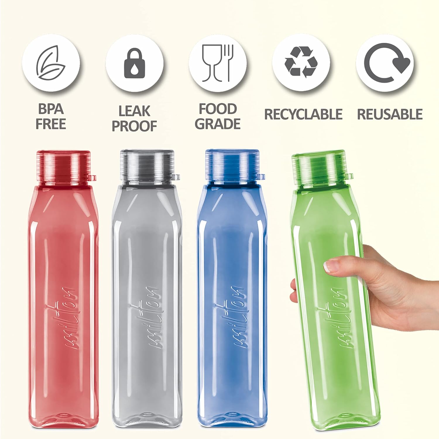 Prime Pack of 5 Water Bottles, 1 Litre Each, Reusable Plastic Fridge ...