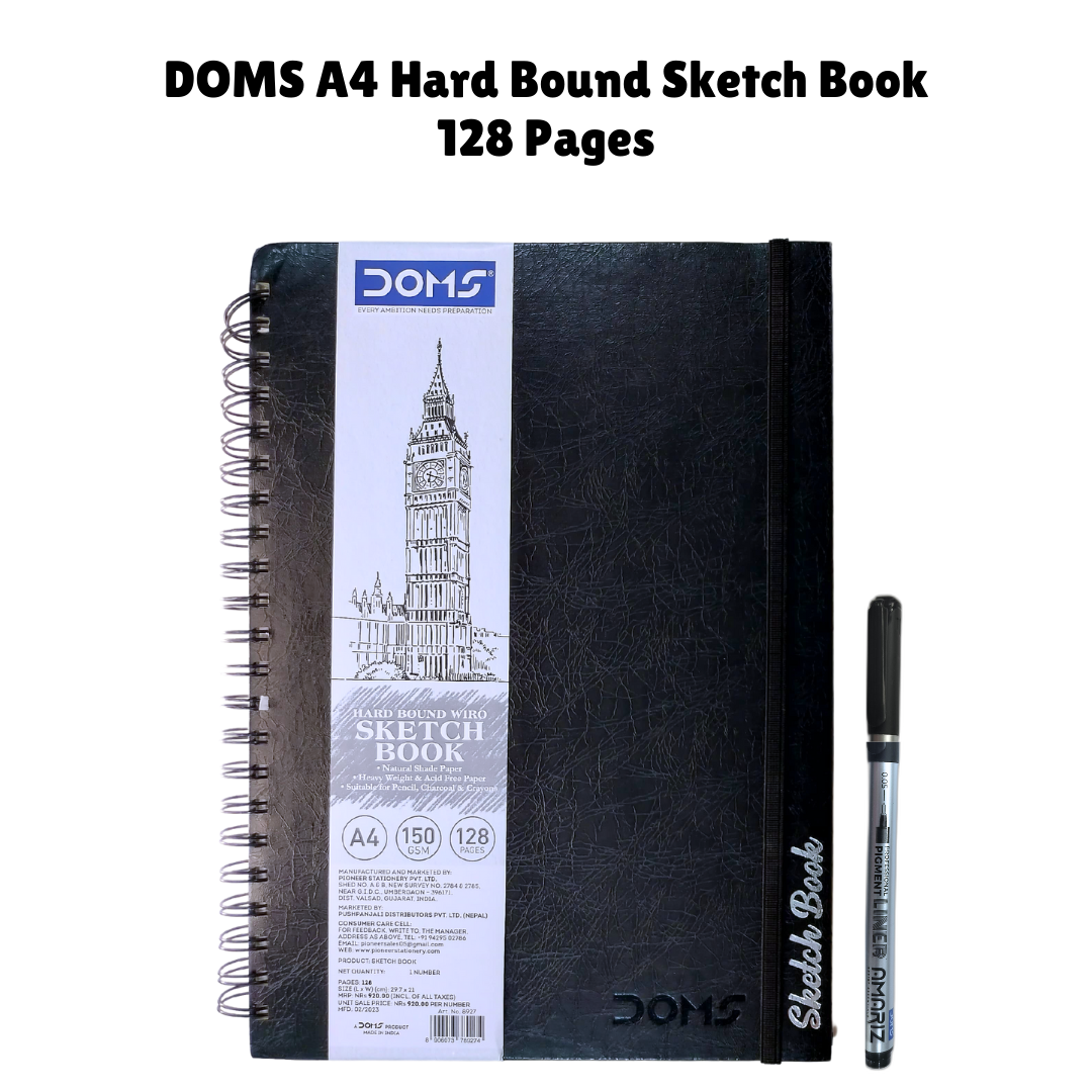 DOMS A4 Hard Bound Sketch Book 128 Pages, 150 GSM | Free Amariz Professional Pigment Liner 0 ...