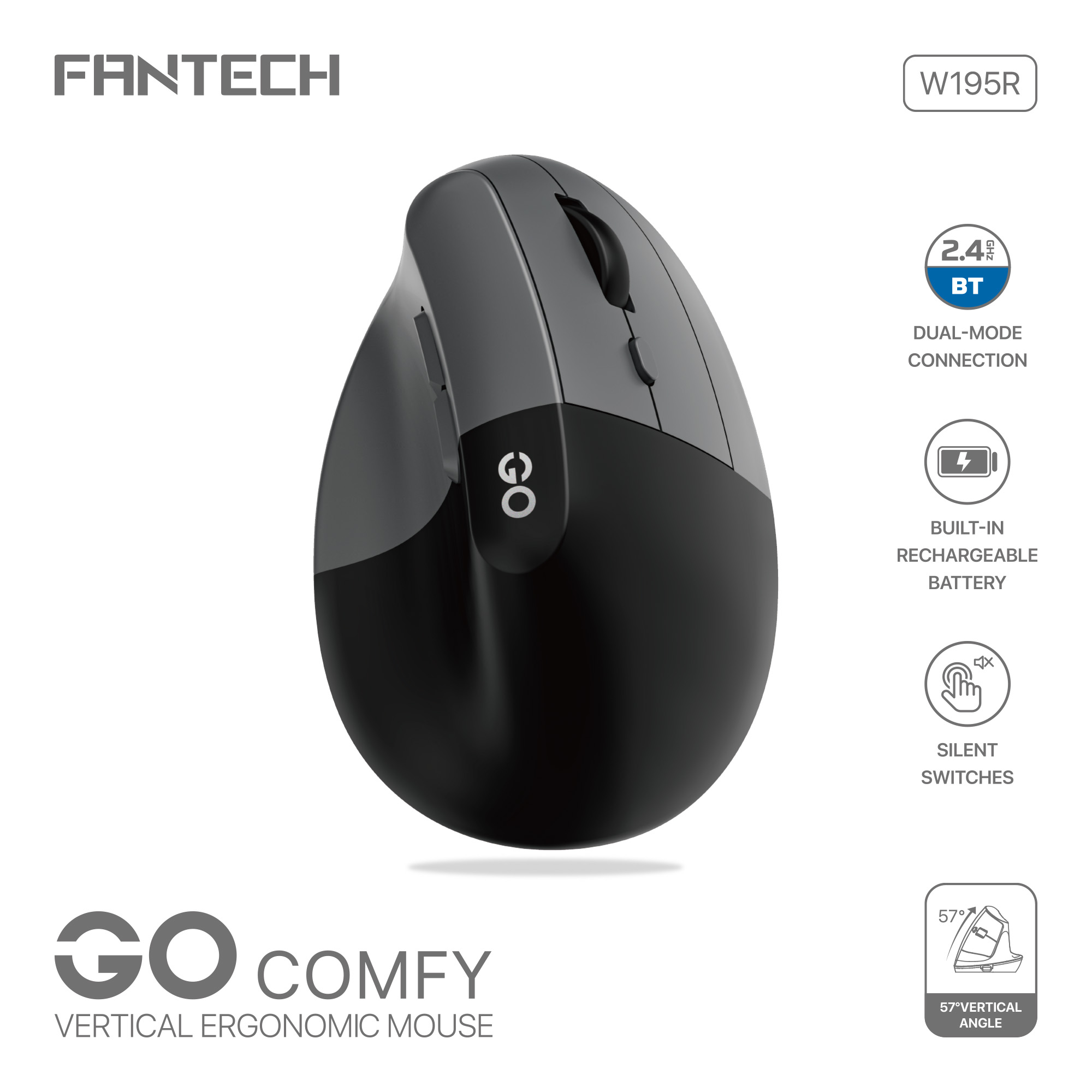 Fantech W195R GO Comfy Mouse Vertical Ergonomic Design Wireless ...