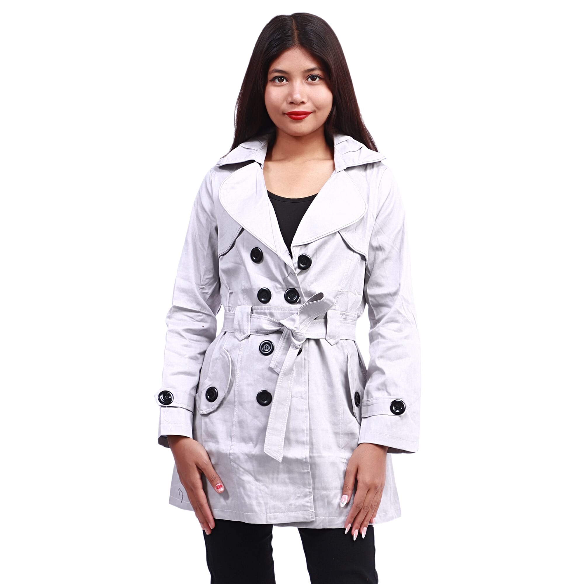 Light Grey Color Collar Neck Elastic Full Sleeves Belt Design Coat For ...