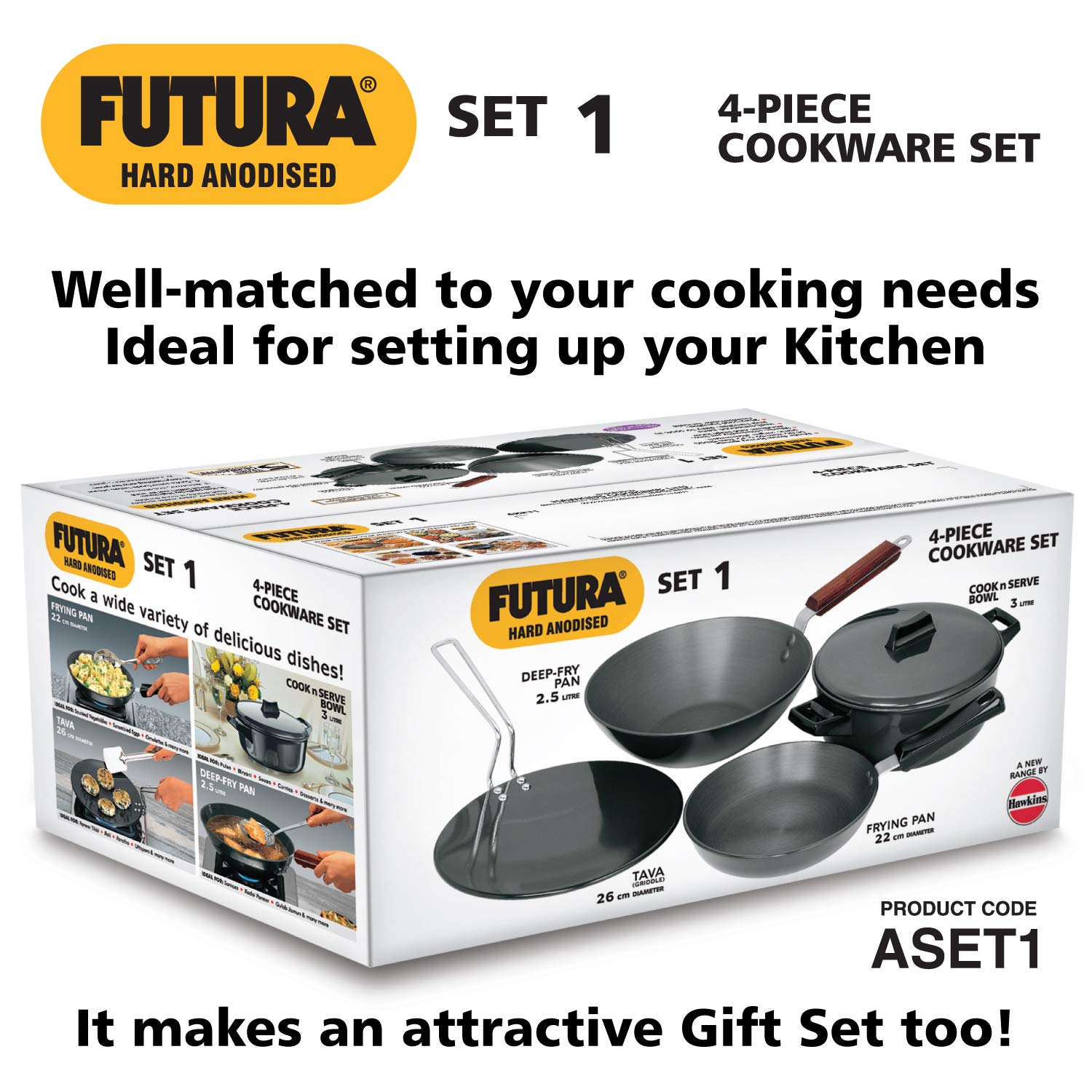 Hawkins Futura 4 Pieces Cookware Set 1 - Hard Anodised Tava, Frying Pan ...