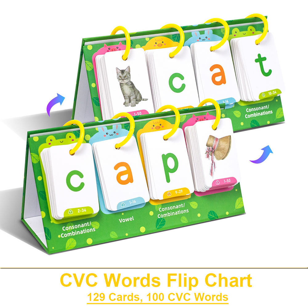 Kids CVC Words Flashcards Phonics Flip Chart Word Builder Sight Words ...