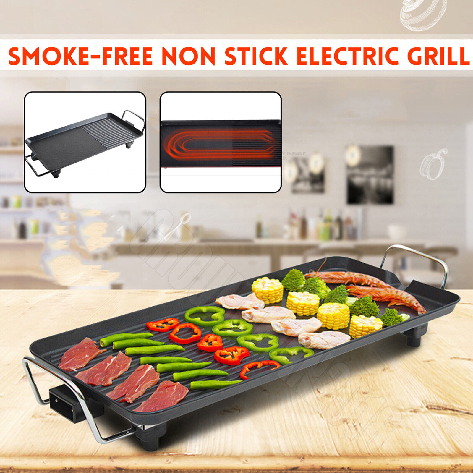 Electric Teppanyaki Grill Hot Plate Indoor Outdoor Smokeless Health BBQ ...