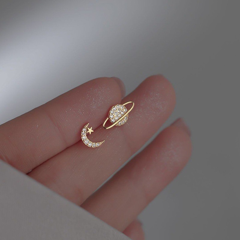 Delicate Silver Star Moon Stud Earings Personality Planet Asymmetrical ...
