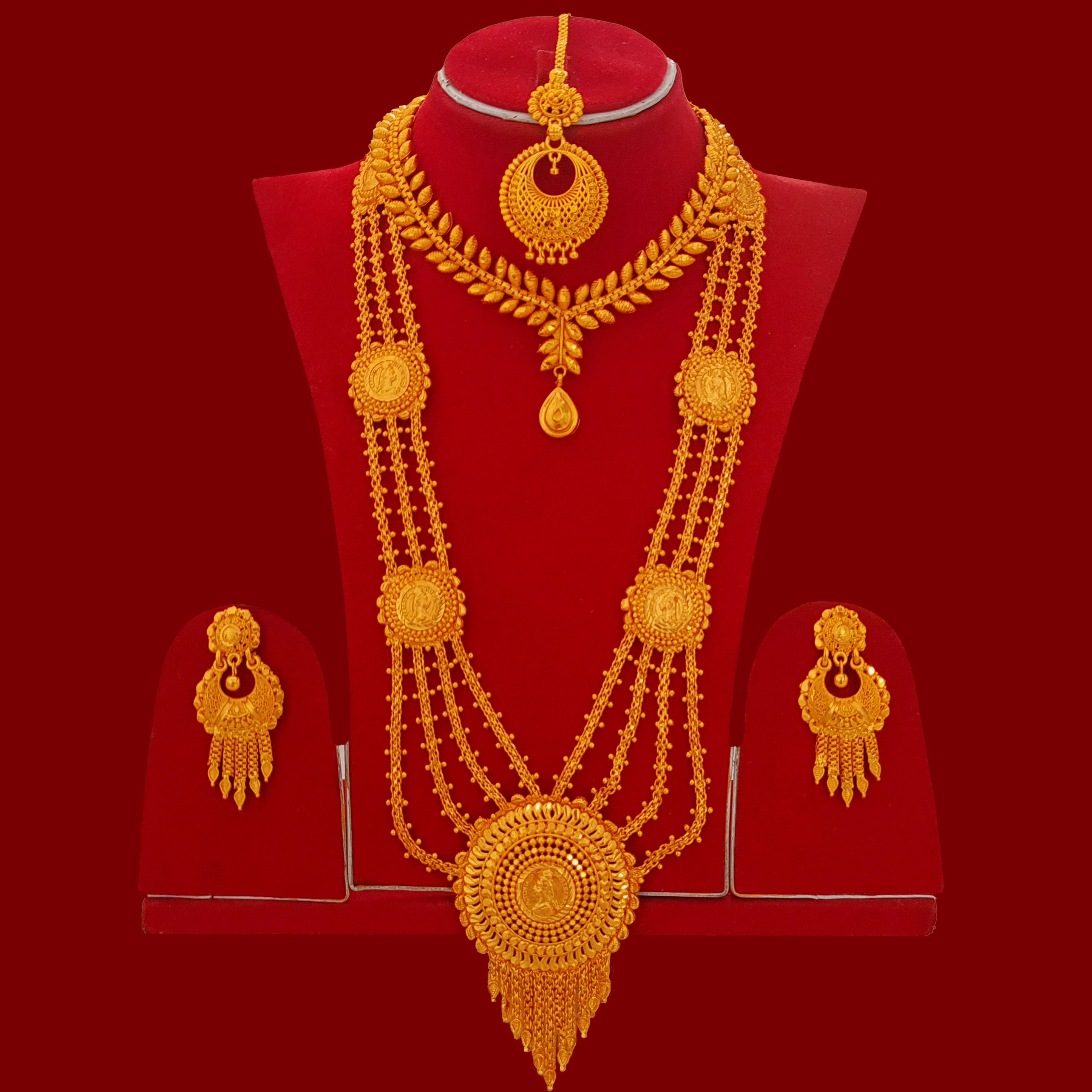 Gold Plated Heavy Long Rani Haar Set with Necklace, Earrings & Sirbindi ...