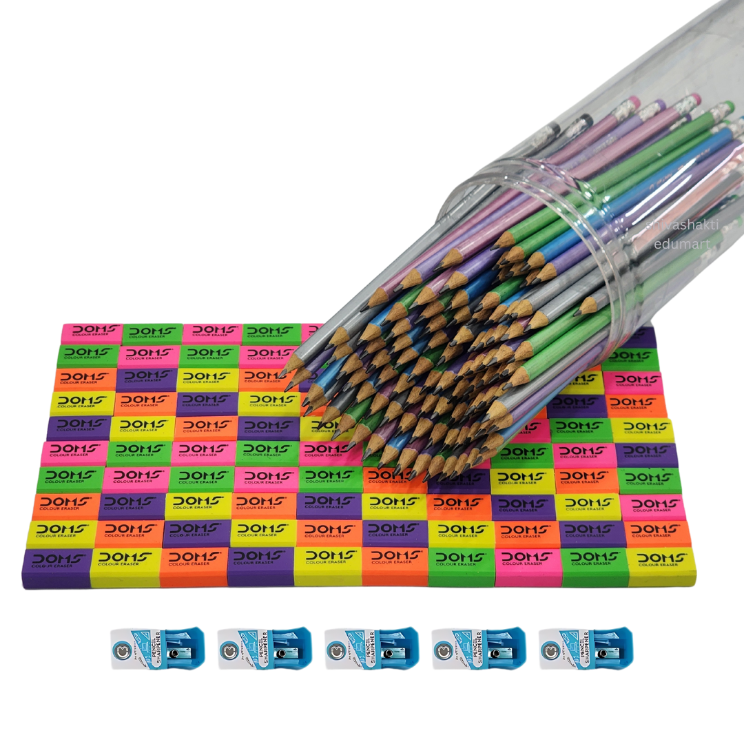Doms 100 Color Erasers Jar + 100 C3 Pearly Pencil Combo Pack | 20 Free ...