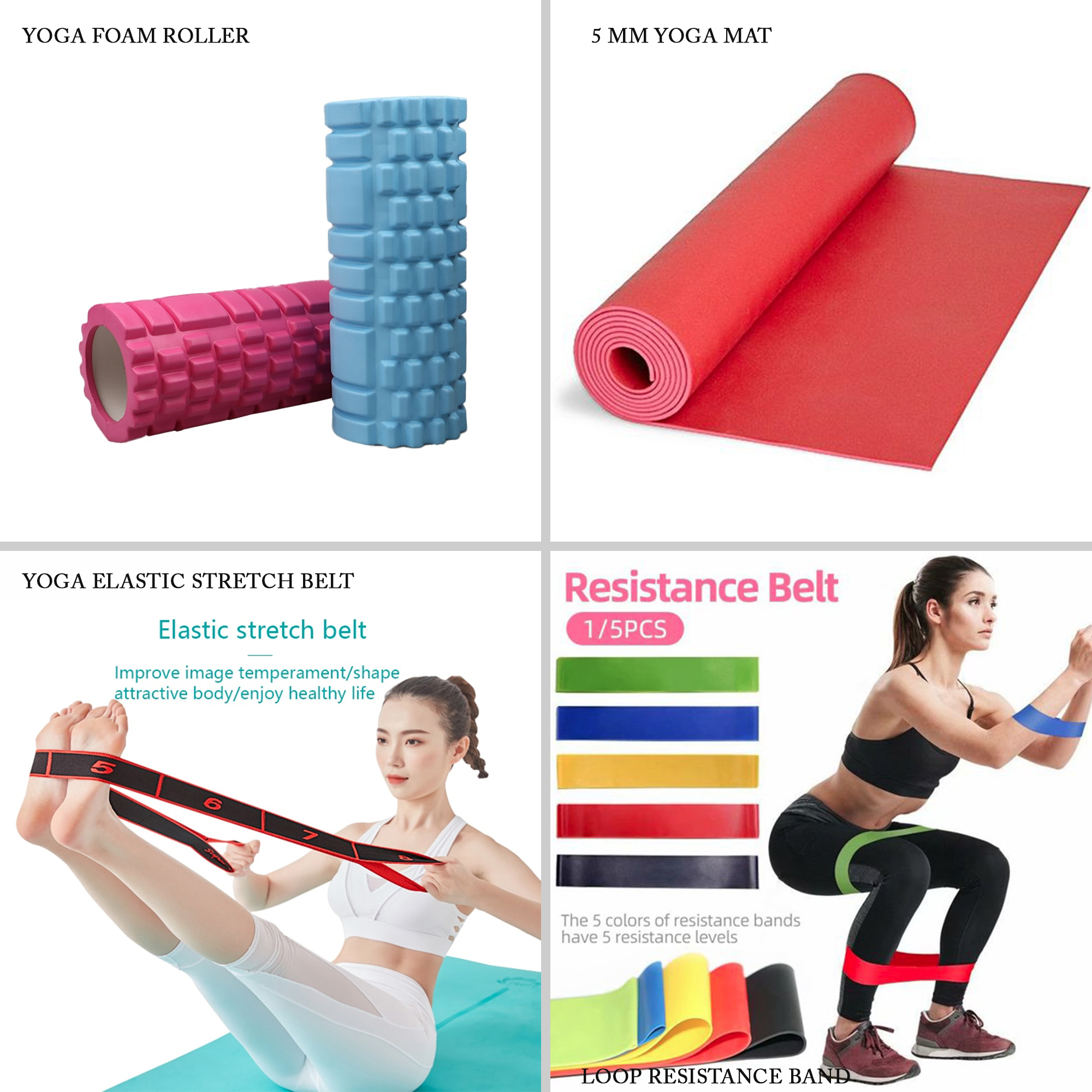 Yoga Accessories Combo Foam Roller, Yoga Mat, Yoga Stretch Belt & Loop ...