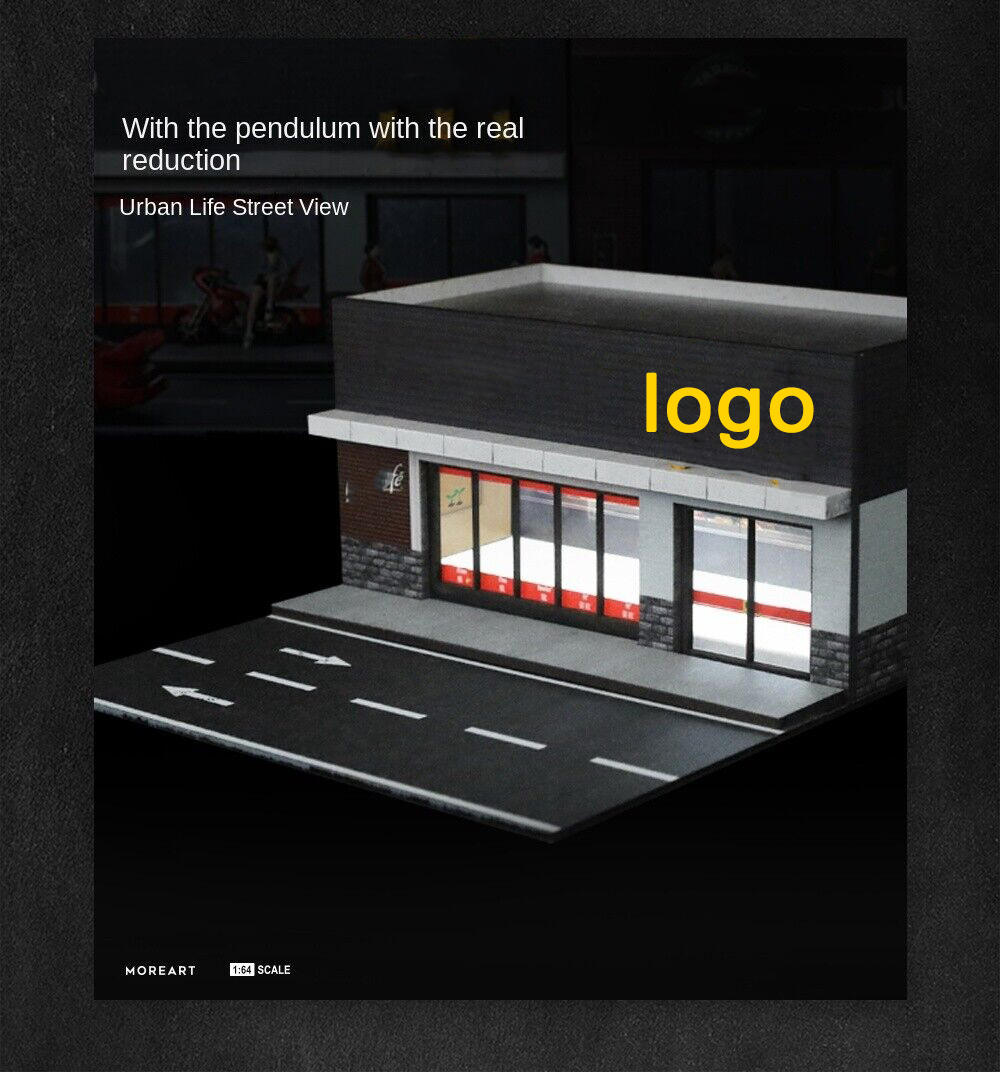 Diorama 1:64 Scale City Car Garage Model with LED Lighting Show Street Fast Food Shop Parking ...