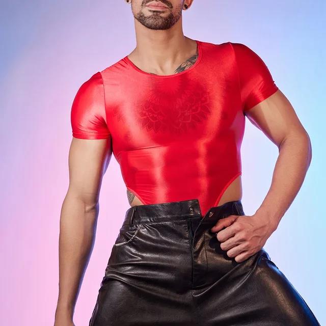 Underwear full body tight men's glossy see-through skinny short sleeve ...