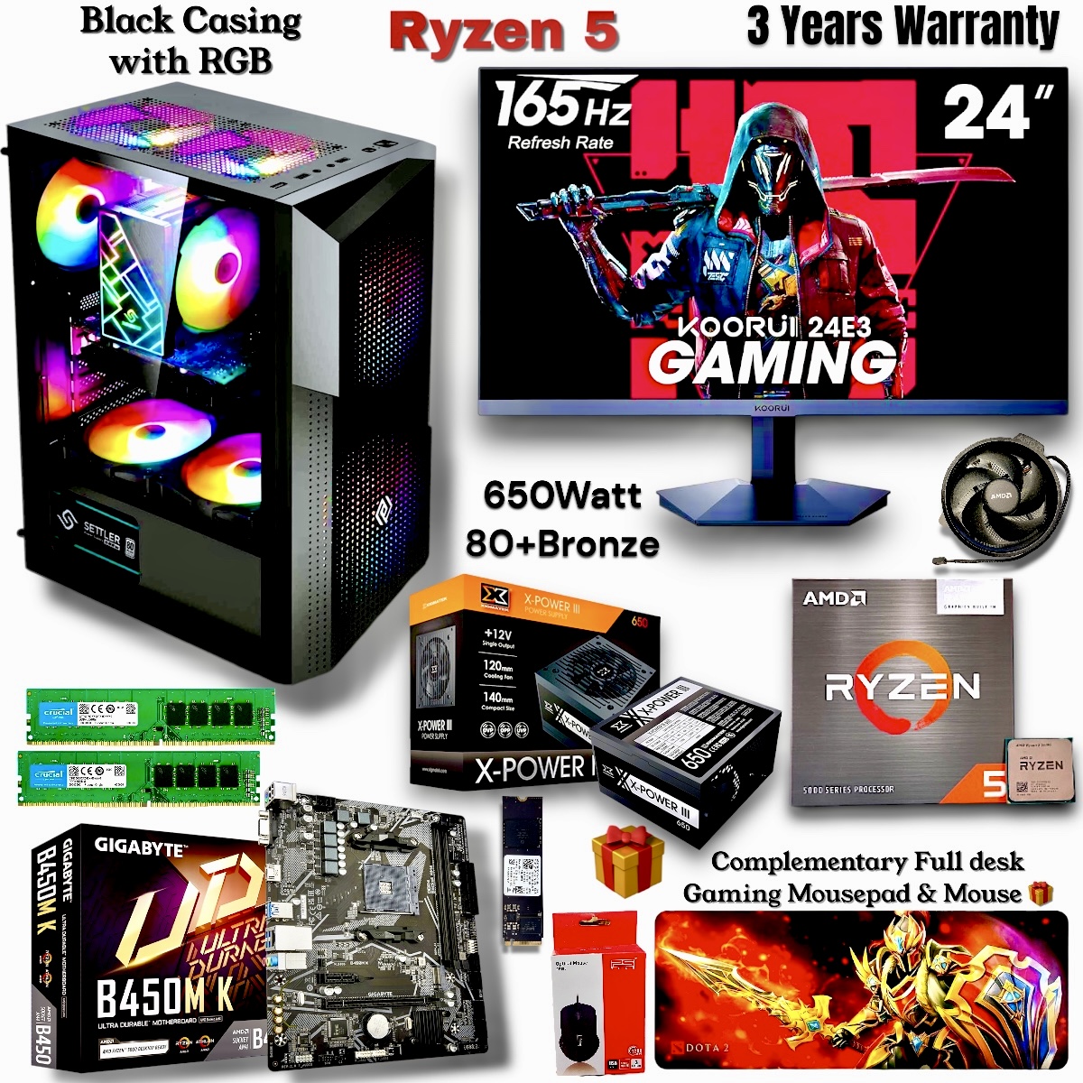 Gaming PC Full Setup Ryzen 5 5600GT/ Koorui 165hz 24" 1ms 100%Srgb Gaming Monitor/ 16GB 3200Mhz ...