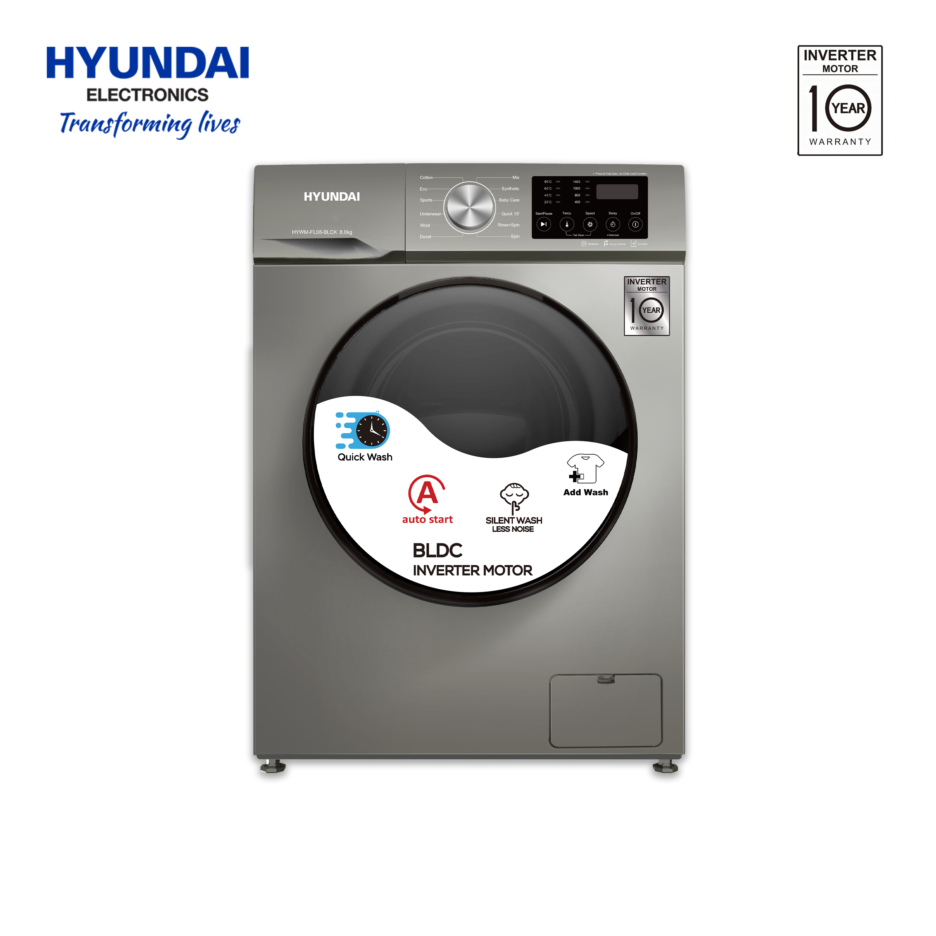 Hyundai 7Kg Front Load Black Washing Machine Washer Dryer | BLDC Inverter Motor (HYWM-FL07-BLCK ...