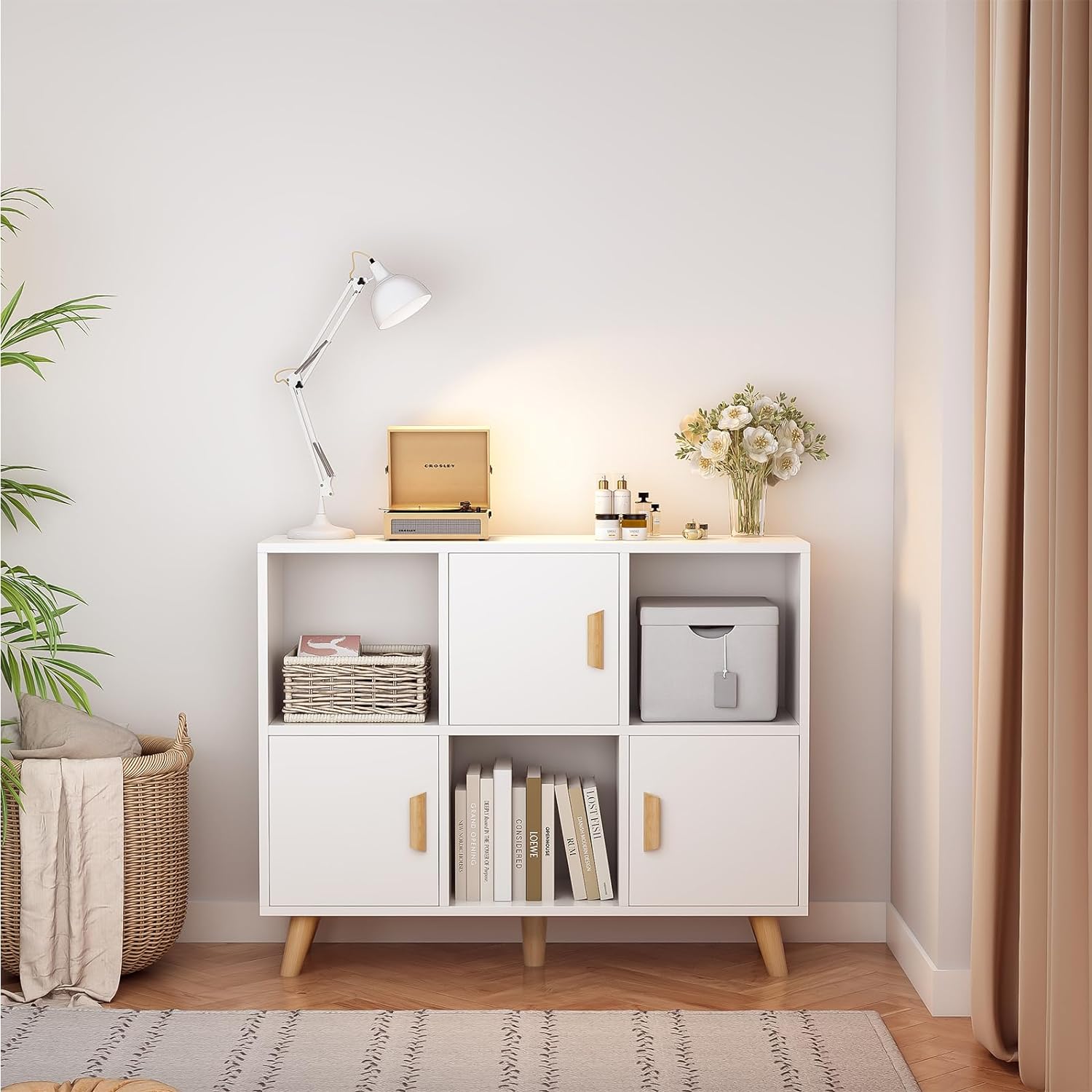 Kamakhya decor Cubby Shelf Bookcase with Doors - Wooden Floor Standing ...