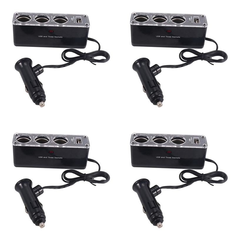 4X 3 WAY MULTI SOCKET CAR LIGHTER SPLITTER USB PLUG CHARGER DC 12V/24V ...