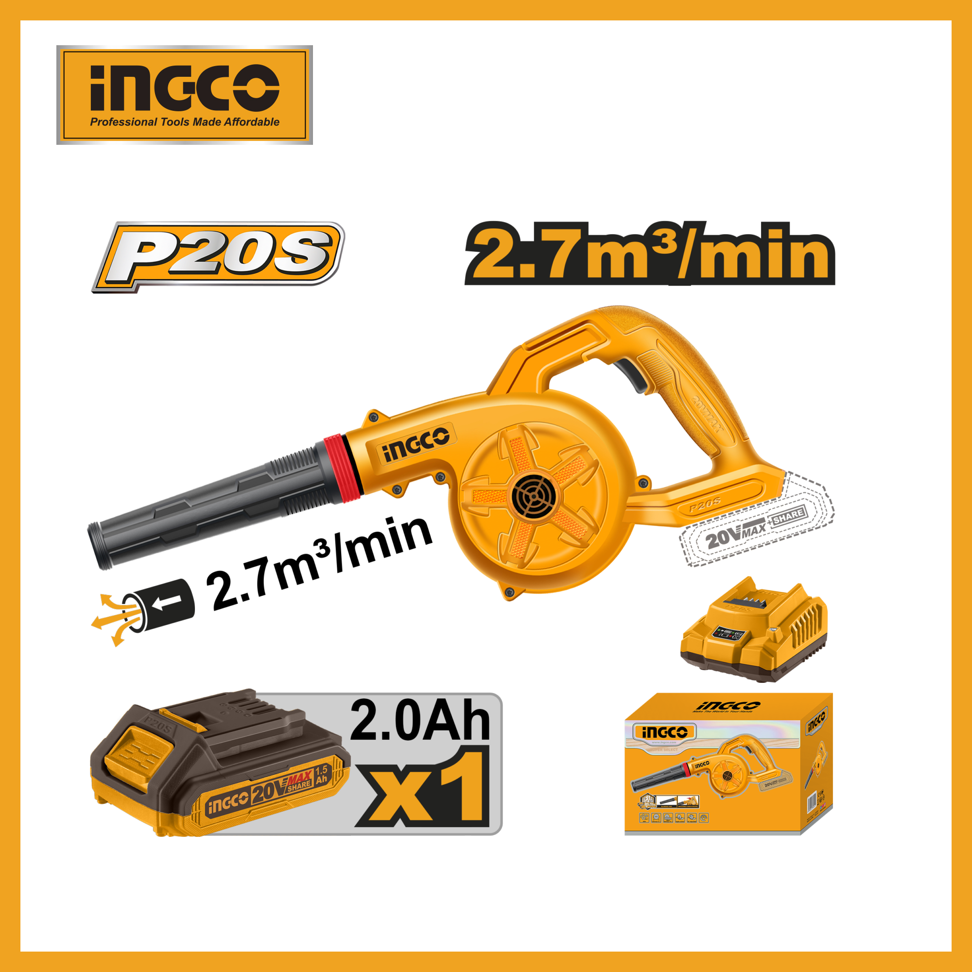 INGCO 20V Cordless Leaf Blower With battery and Charger For Garden ...