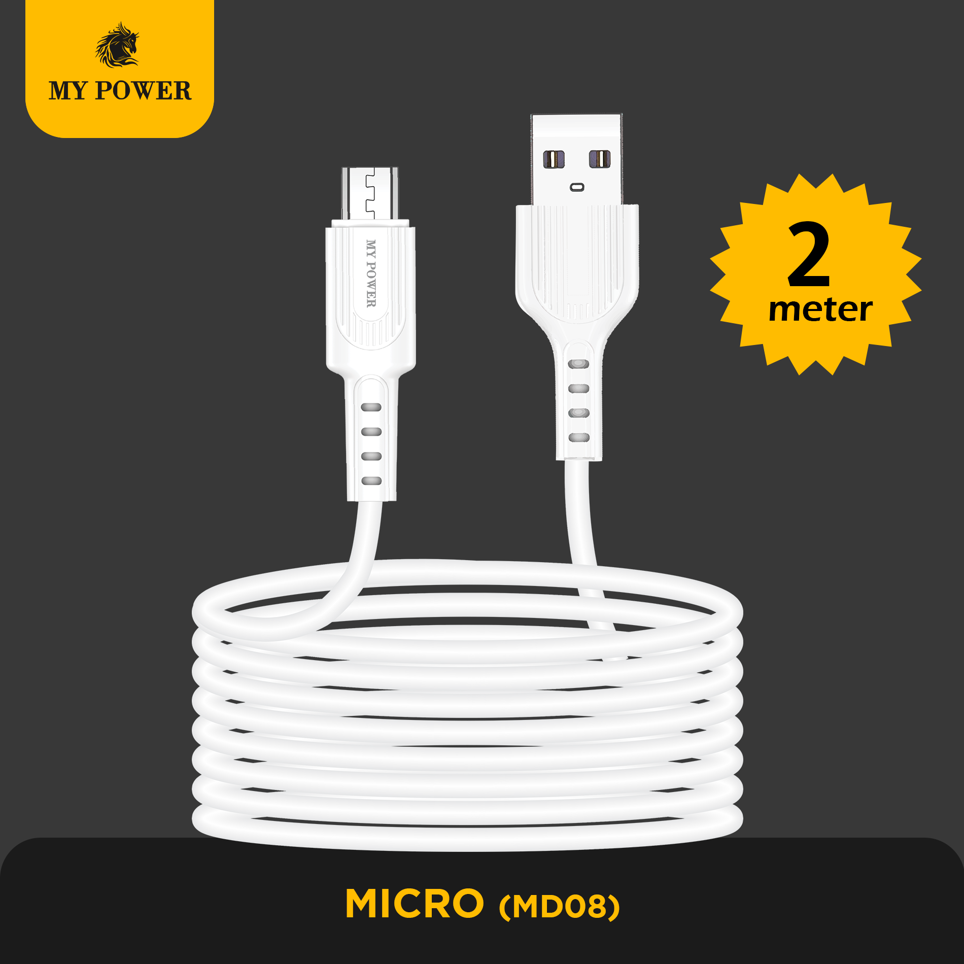 MY Power Soft Data cable 2Meter Long White color Android 3 Ampere Micro Fast charging cable MD08 ...