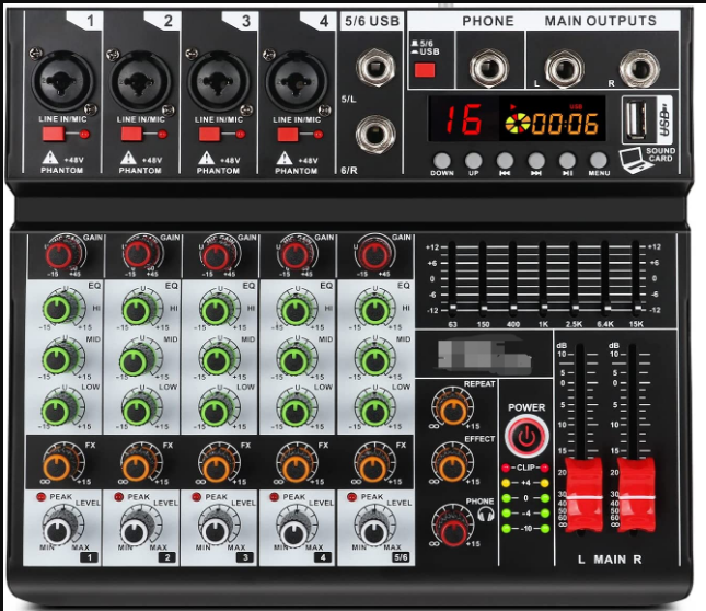 6 Channel Audio Interface Soundboard Mixing Console 16-bit DSP DJ Mixer ...