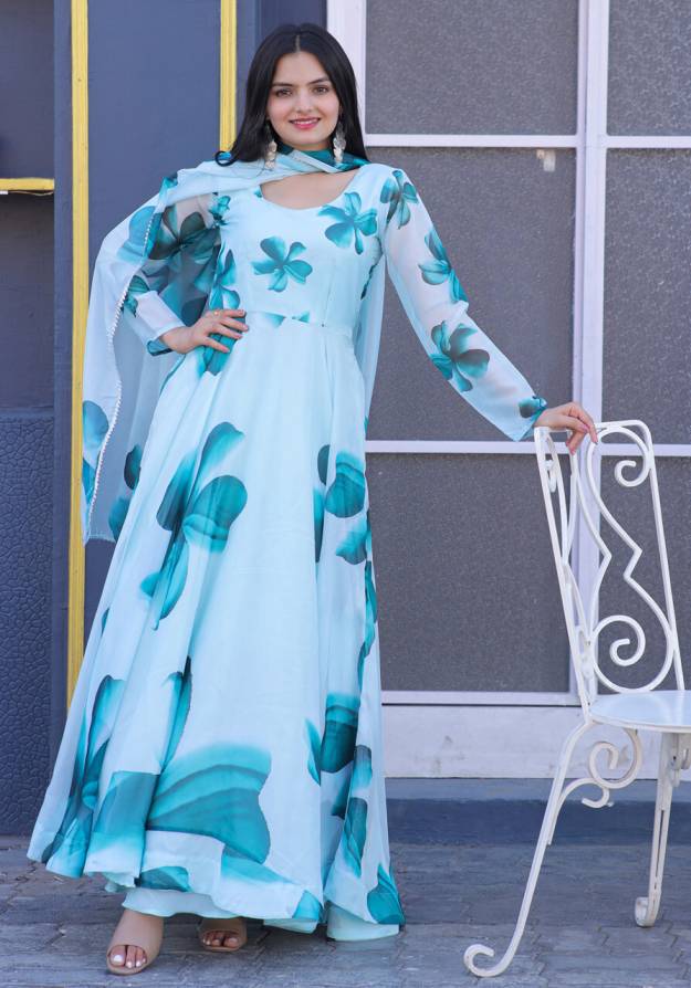Floral Print Georgette Stitched Flared/A-line Gown Light Blue ...