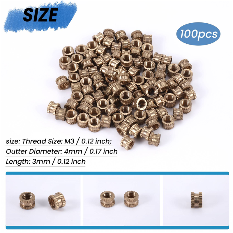 Kqueebee M3 x 3mm Female Thread Brass Knurled Threaded Insert Embedment ...