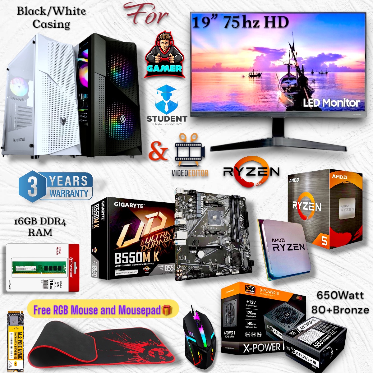 White Gaming PC Full Setup Ryzen 5 5600GT, Pairs With 19" 75hz Monitor, White Gaming Casing ...