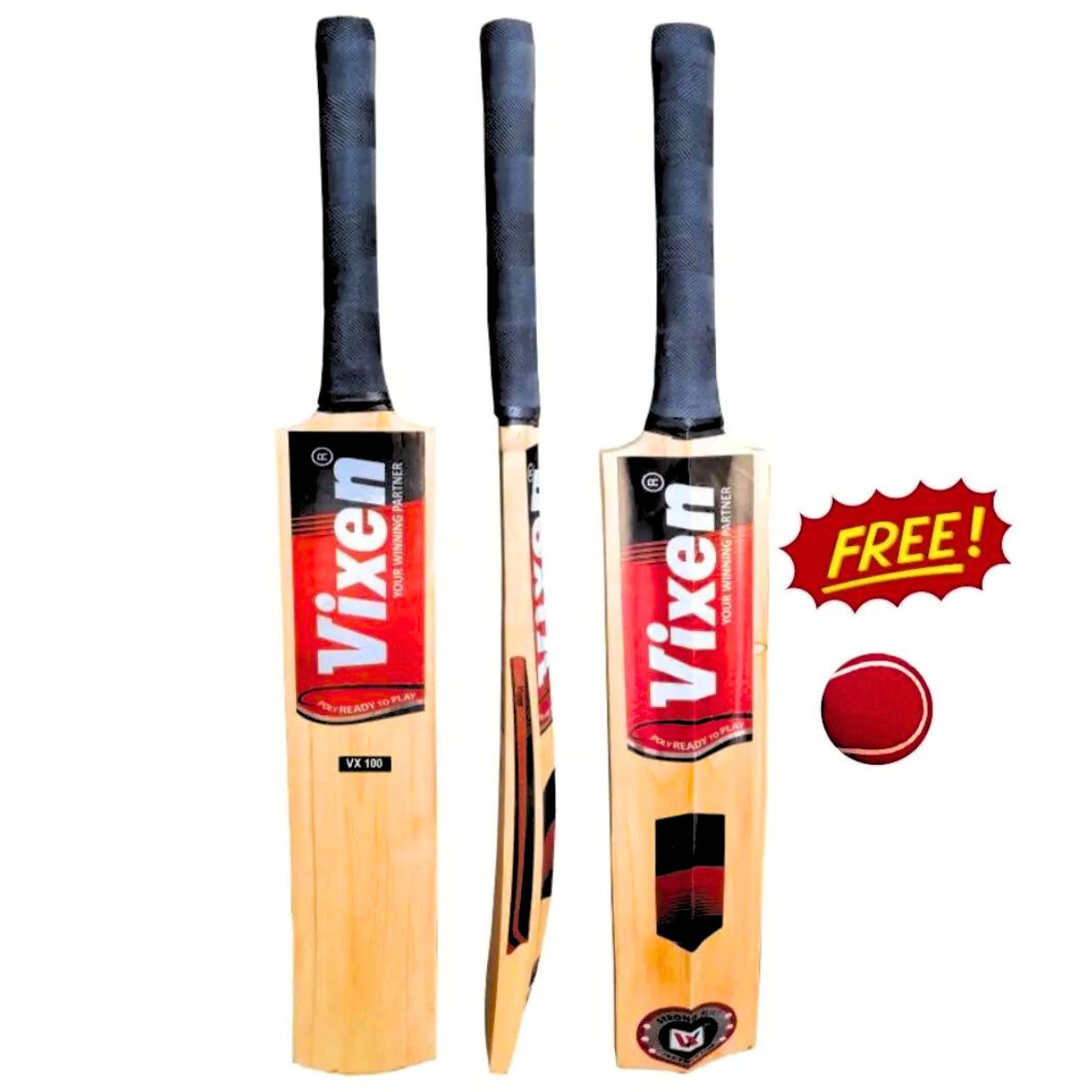 Premium Vixen VX-100 Wooden Cricket Bat - Includes Free 1 Piece Tennis ...