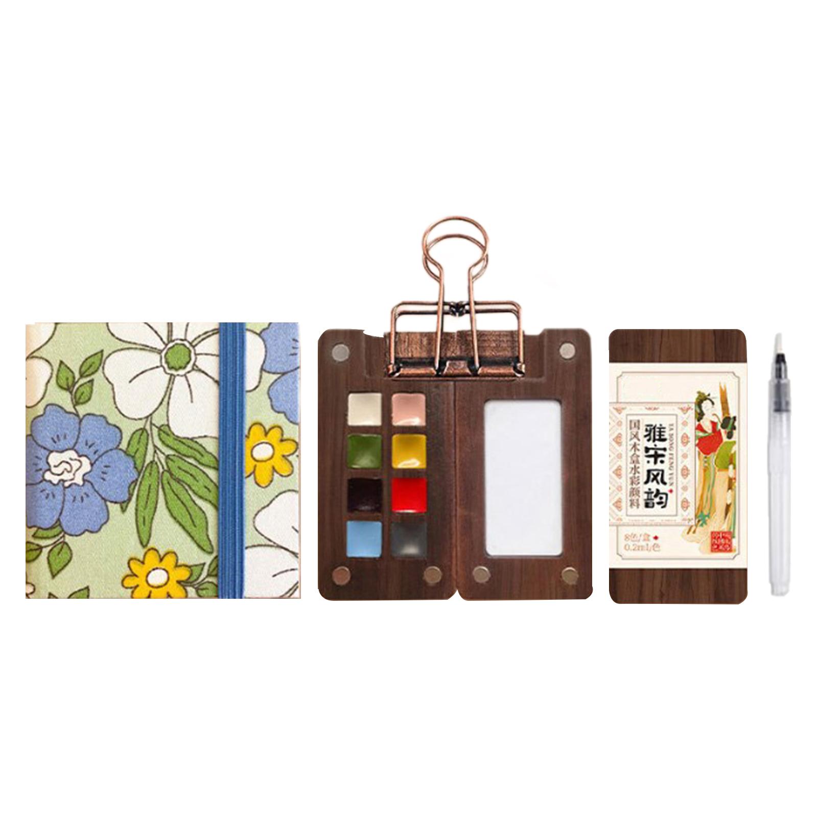 Wooden Palette Portable Watercolor Palette Set with Sketchbook Pens ...