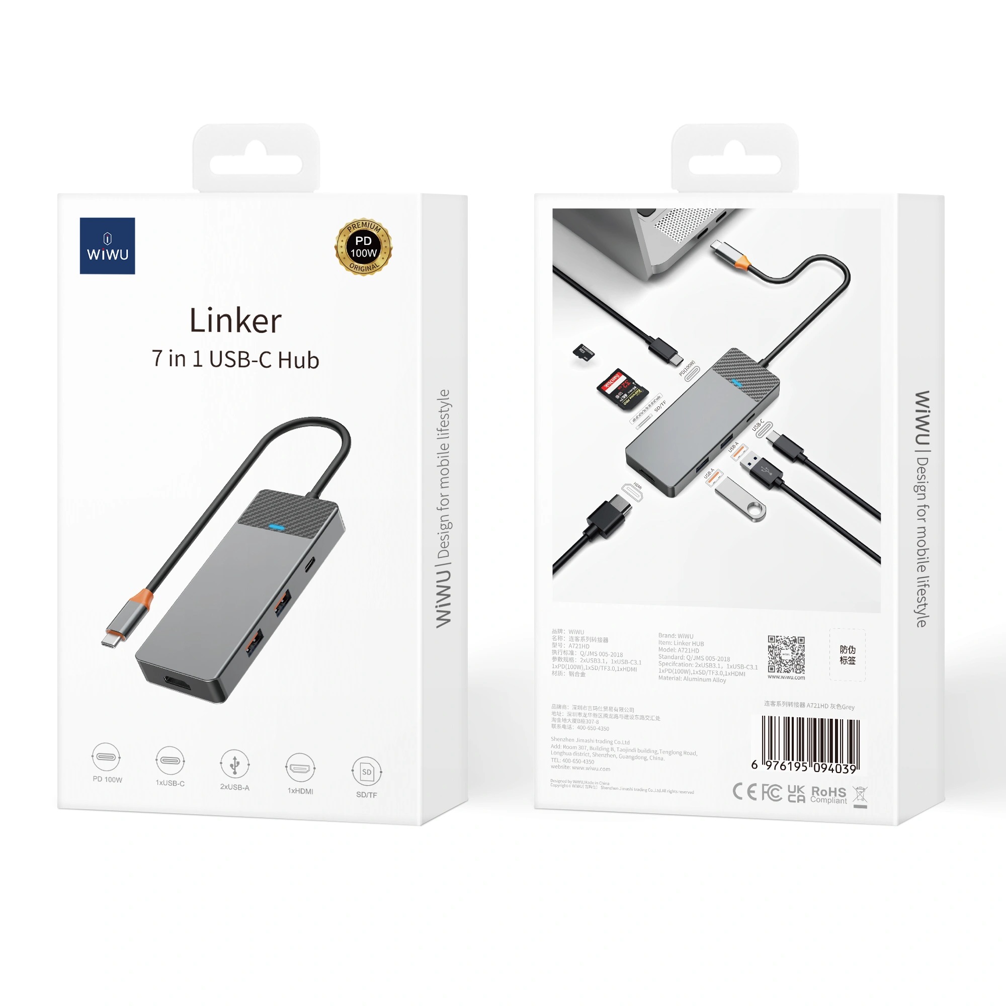 WiWU Linker 721 7 In 1 USB-C Hub Adapter Aluminum Alloy 100W PD + 4K ...