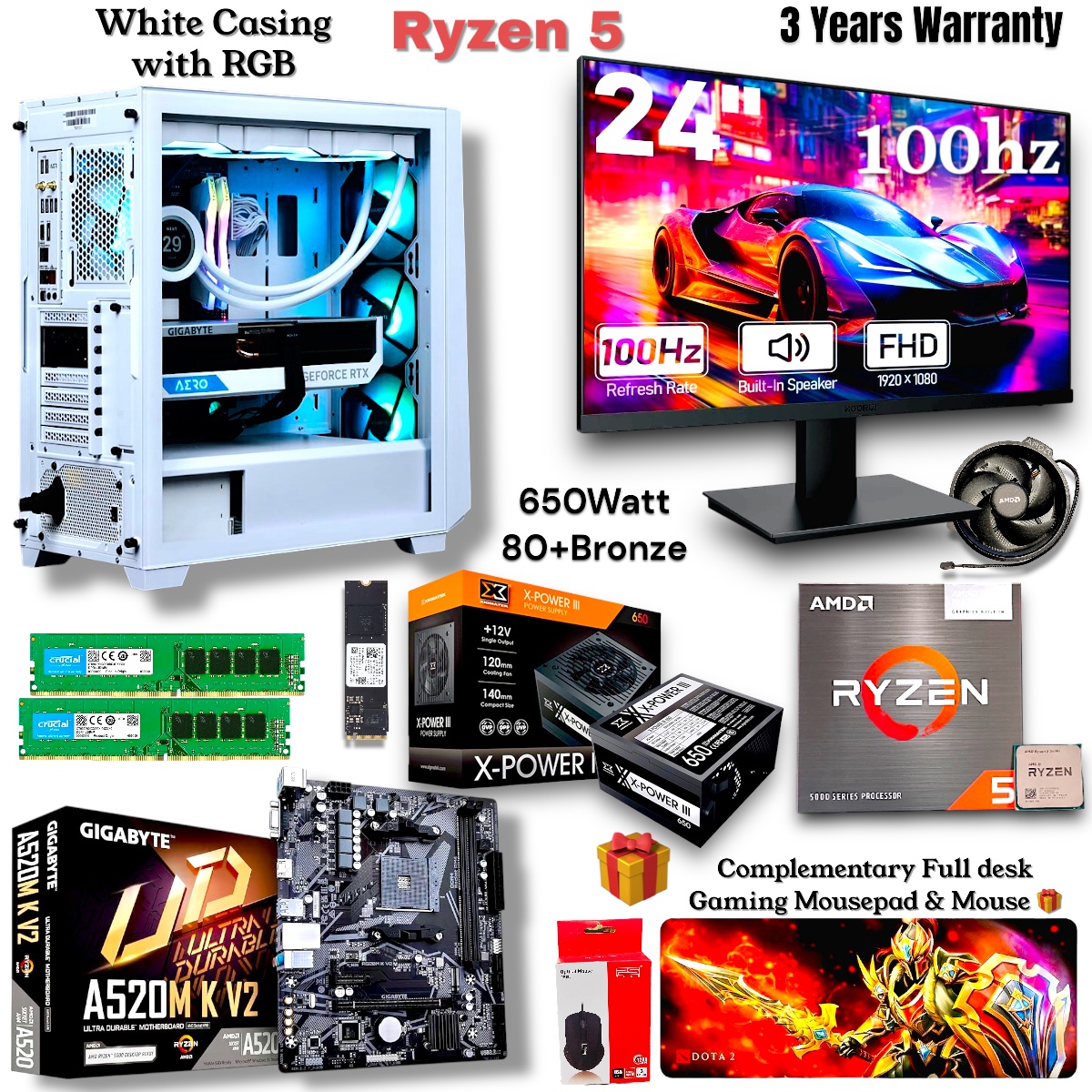 White Gaming PC Full Setup Ryzen 5 5600GT/ Koorui 100hz 24" 1ms 100%Srgb Gaming Monitor/ 16GB ...