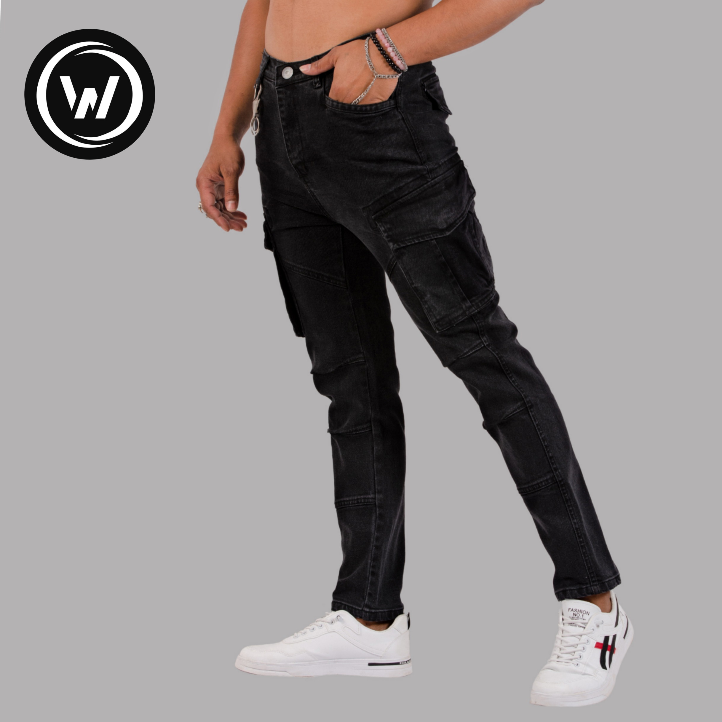 Wraon Dark Grey Stretchable Premium Fancy Denim Cargo Box Pant For Men ...
