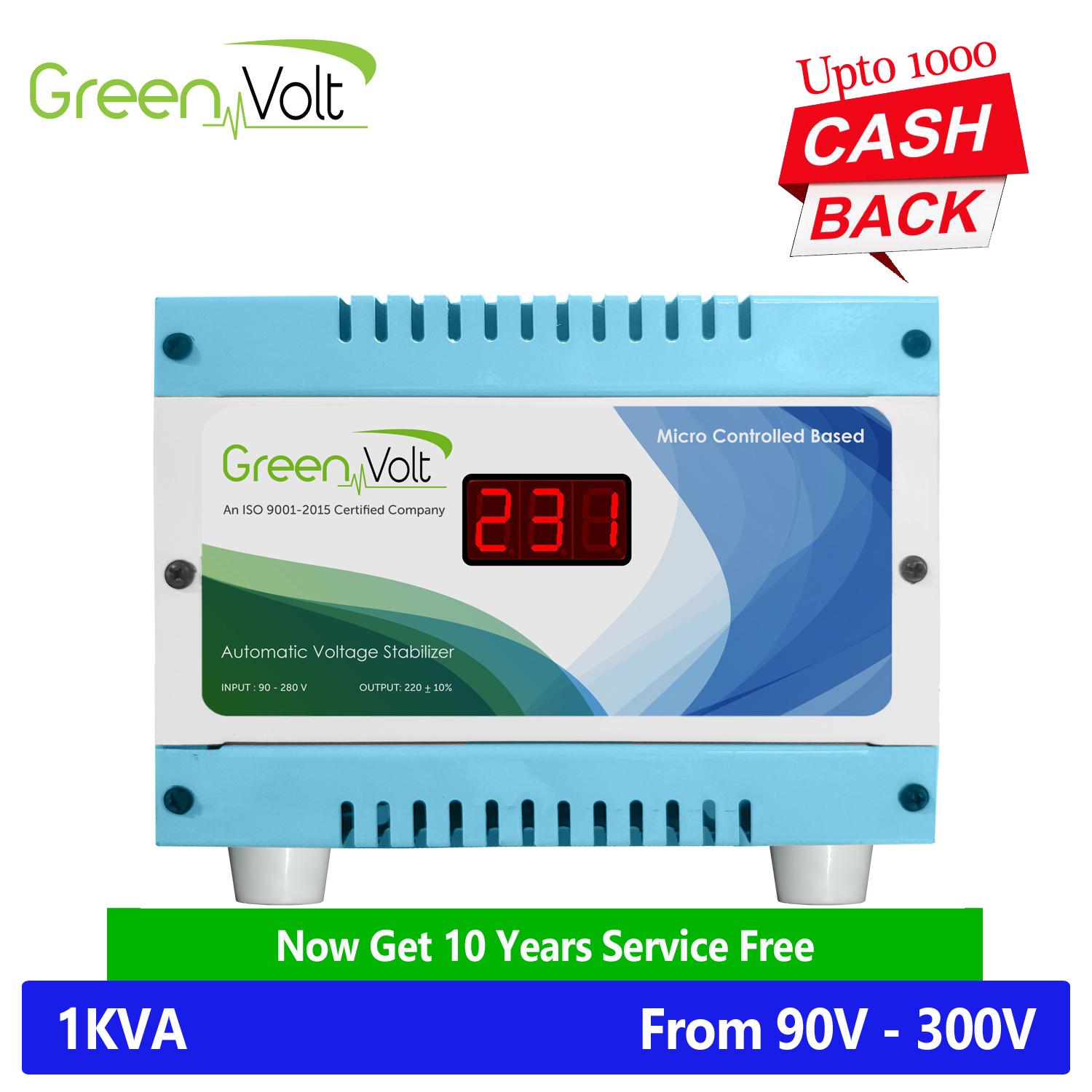 Green Volt Digital Voltage Stabilizer 1 KVA, 90V-300V | 100% Super ...