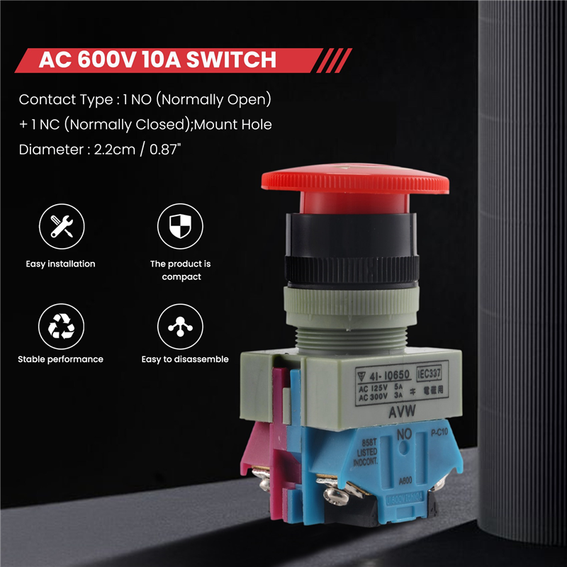 AC 600V 10A Red Mushroom Emergency Stop Push Button Switch 22mm NO NC ...