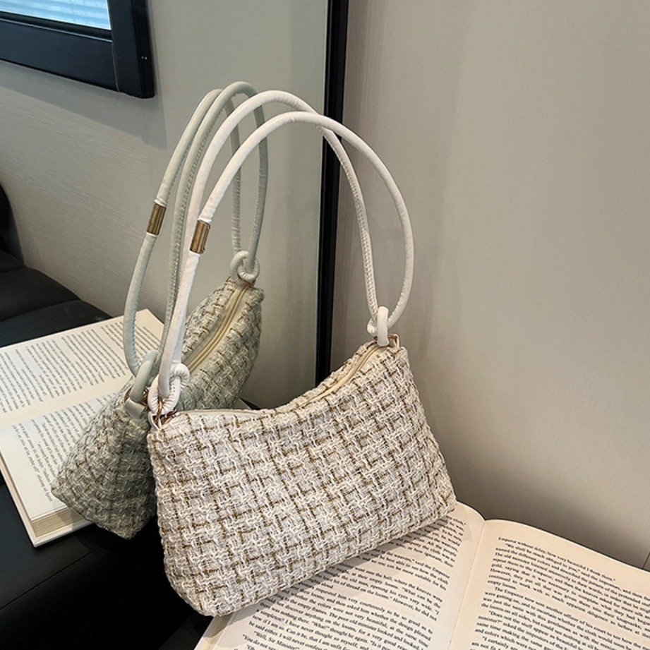 Dacron Woolen Plaid Underarm Bag Zipper Appliques Hobos Purse Crossbody ...