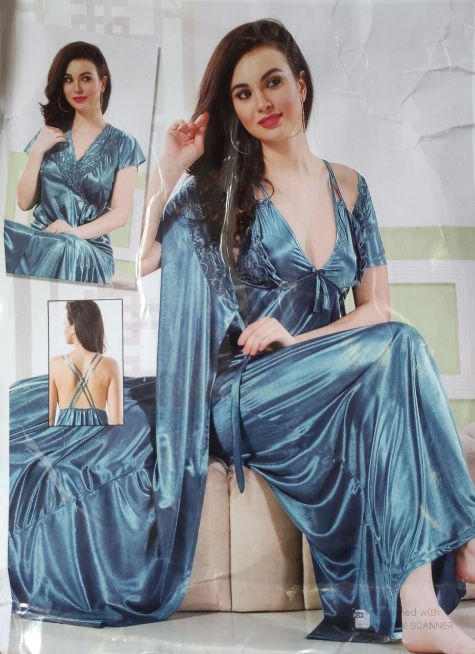 Women Satin Solid Nighty Nightwear Set And Wrap Gown Half Sleeve Free ...