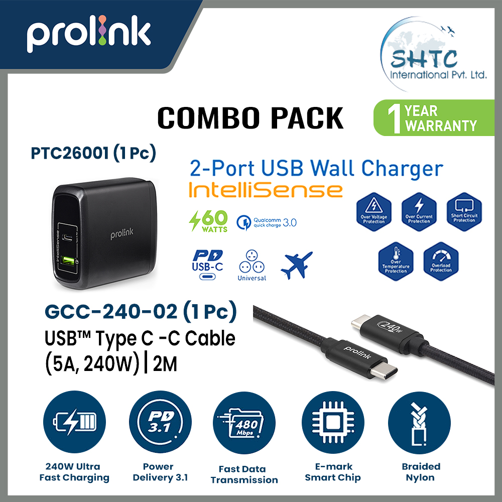 Prolink Combo Pack 2-Port USB Wall Charger 60W - PTC26001 With Ultra ...
