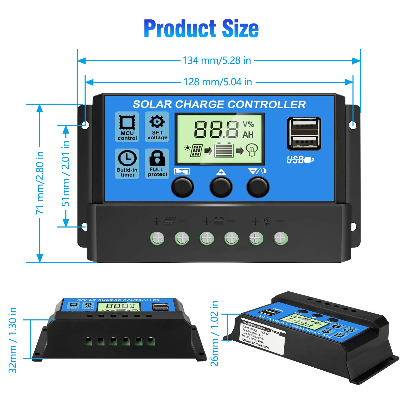10A Solar Charge Controller, 12V/24V Solar Panel Battery Intelligent Regulator with Dual USB ...
