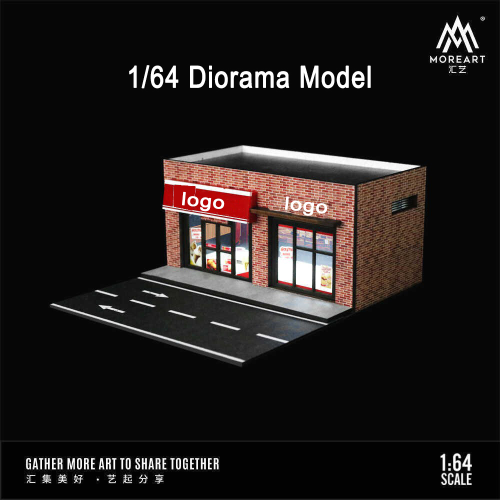 Diorama 1:64 Scale City Car Garage Model with LED Lighting Show Street Fast Food Shop Parking ...