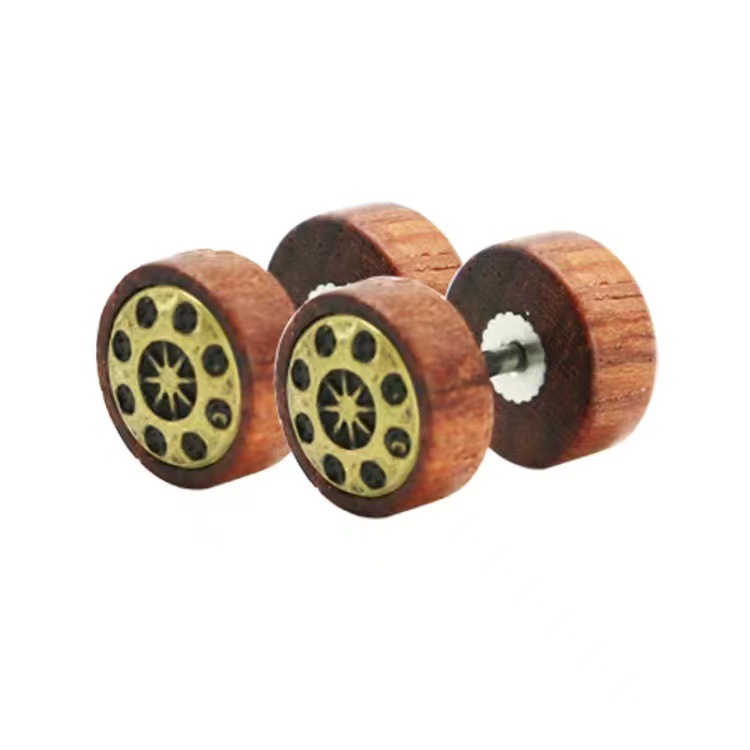 [ New ] Retro Log Rosewood Black Wood Rock round Hipster Ear Studs ...