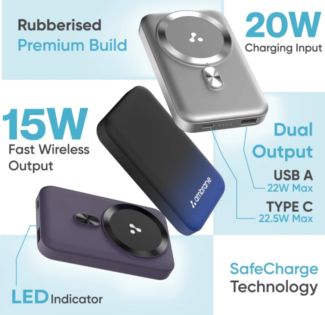 Ambrane 10000 mAh 22.5 W Wireless With MagSafe Power Bank (Purple ...