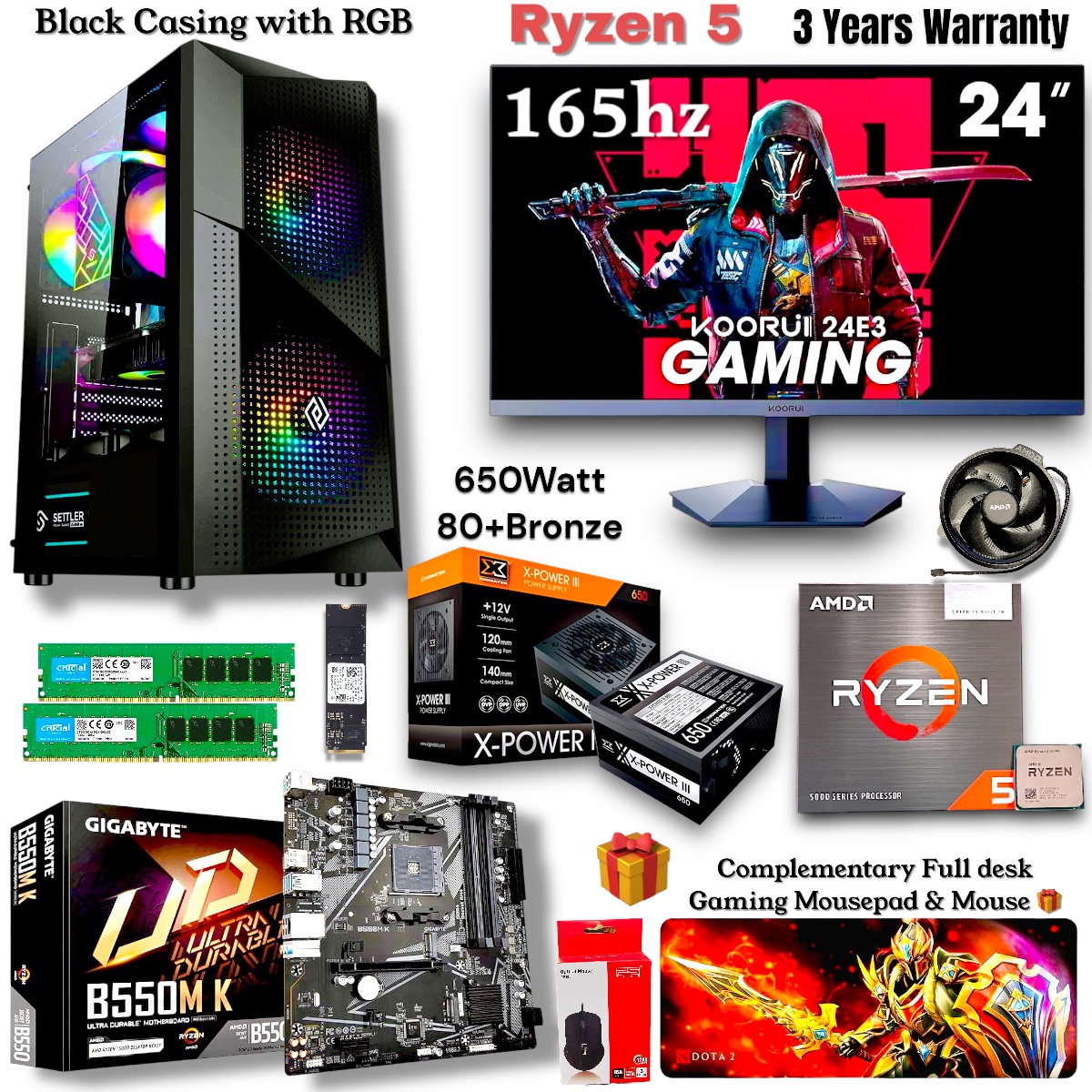 Gaming PC Full Setup Ryzen 5 5600GT/ Koorui 165hz 24" 1ms 100%Srgb Gaming Monitor/ 16GB 3200Mhz ...