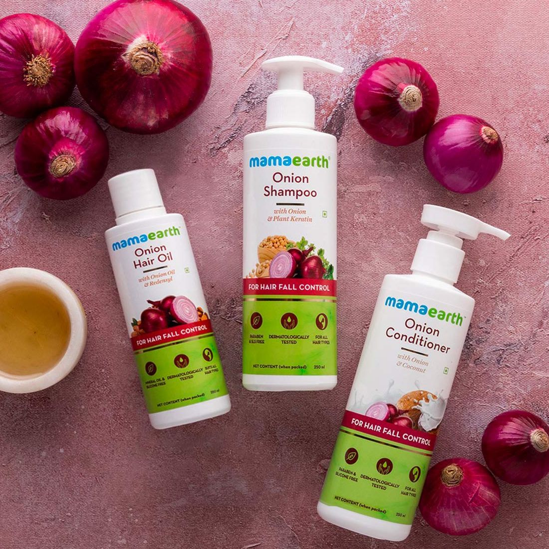 Mamaearth Anti Hair Fall Combo Onion Shampoo 250 ml + Onion Conditioner 250 ml + Onion Hair Oil ...