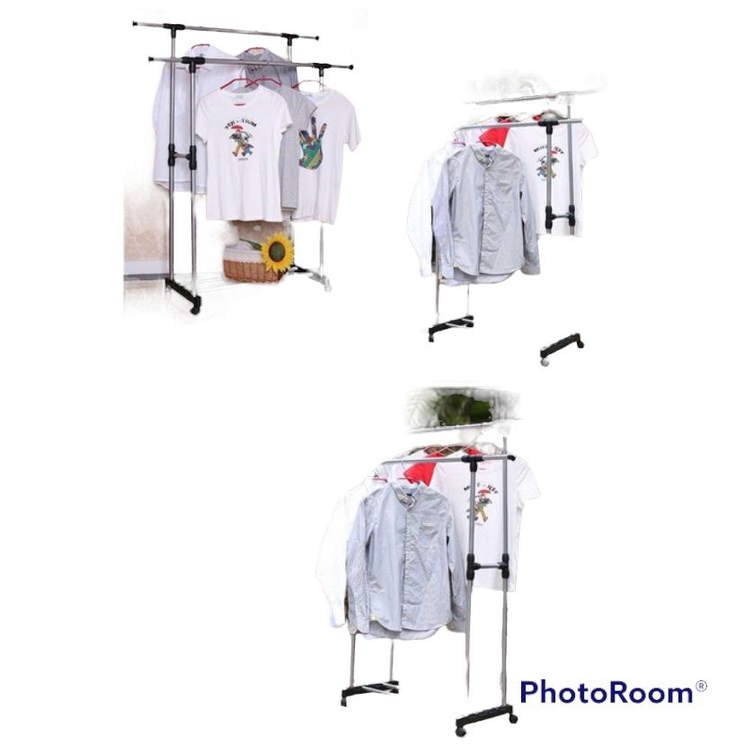 Double Pole Multifunctional Clothes Hanger Stand Portable Clothes Rack ...