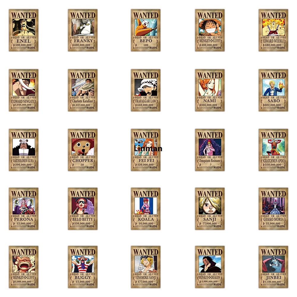 Linman 56PCS Anime One Piece Wanted Posters Stickers Cool Cartoon ...
