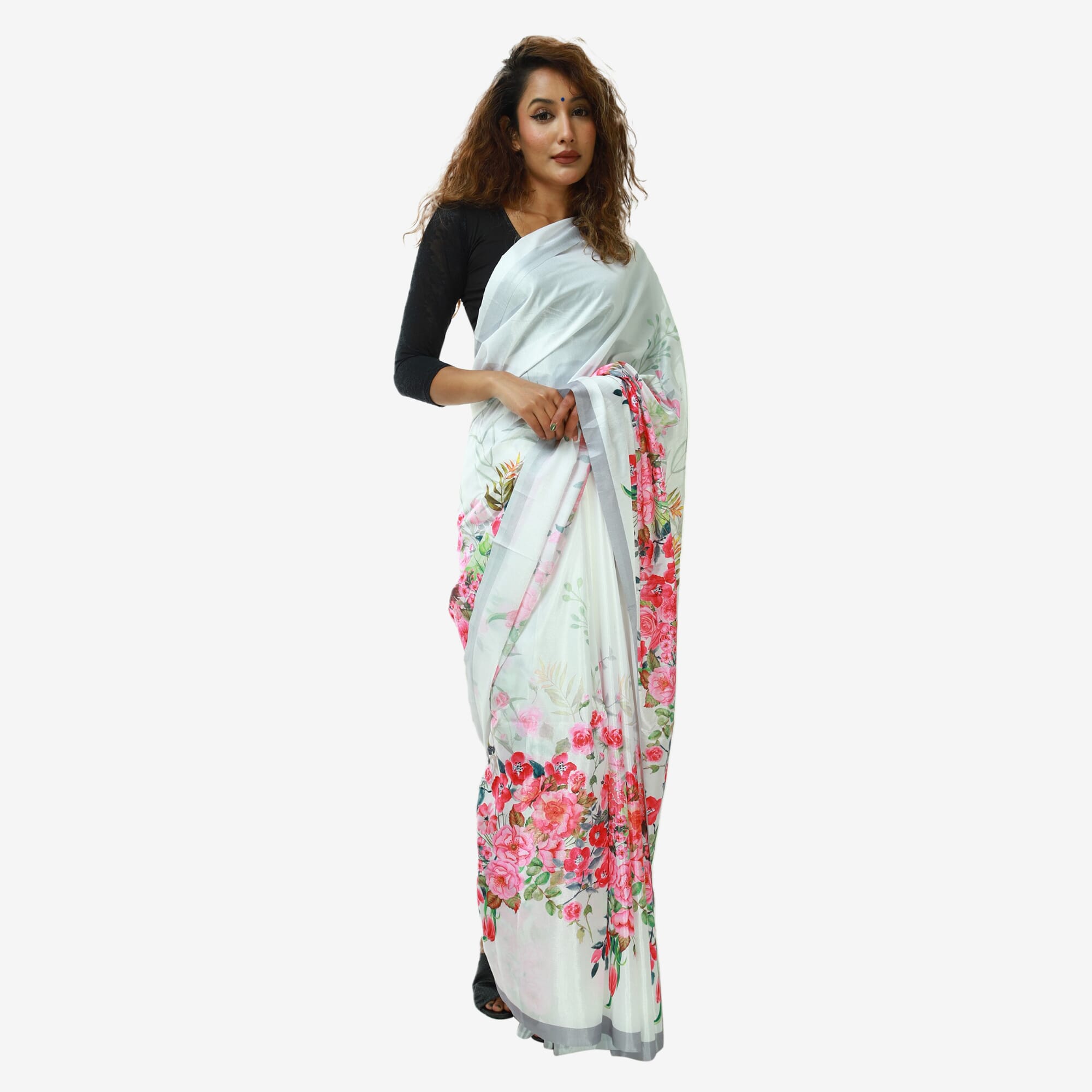 White Silk Flower Printed Saree For Women